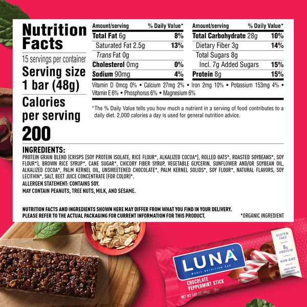 LUNA BAR - Gluten Free Snack Bars - Chocolate Peppermint Stick -8g of ...